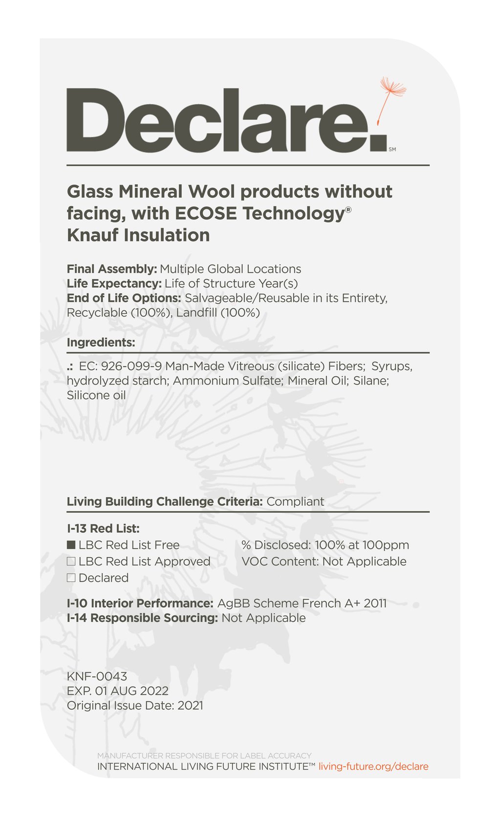 Knauf Insulation glasswool with ECOSE® Technology is certified by the ...